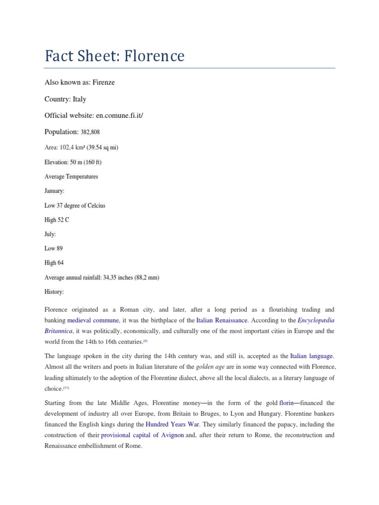 Fact Sheet: Florence: Also Known As: Firenze Country: Italy Population ...