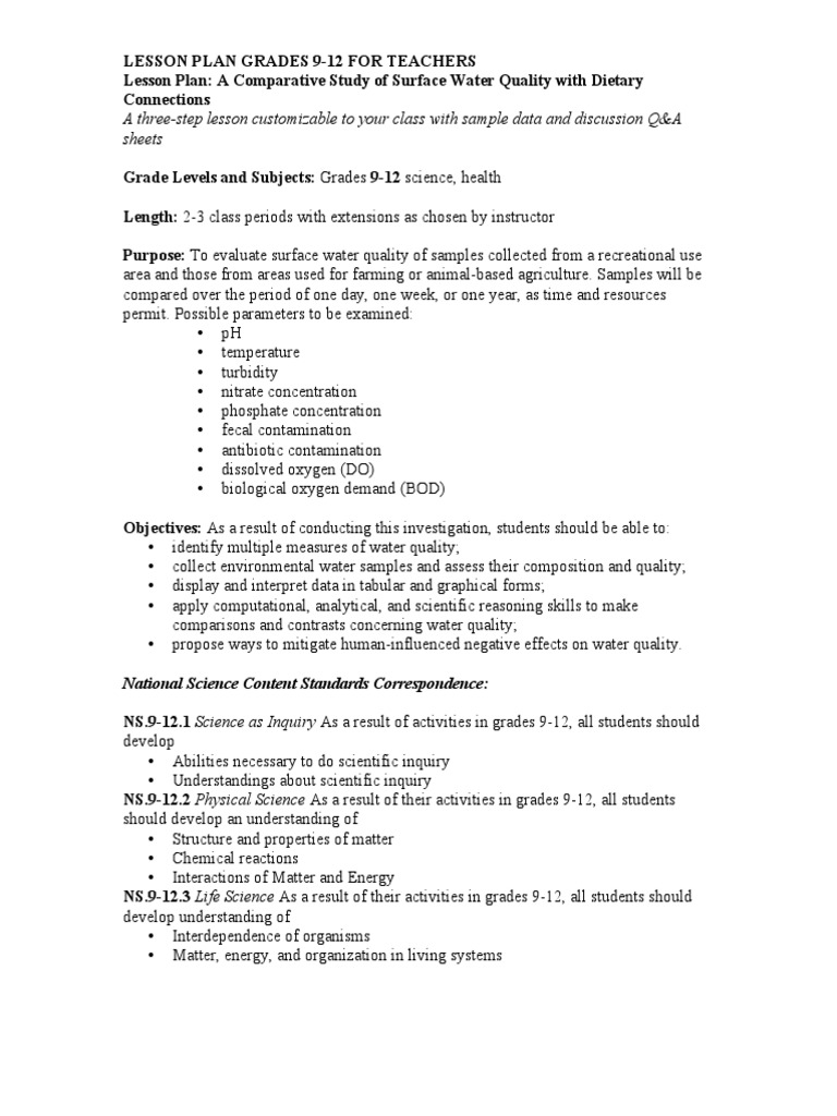 Water Quality Lesson Plan for Grades 9-12 | PDF | Eutrophication ...