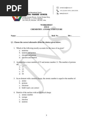 Atomic Structure And Properties Of Elements Worksheet