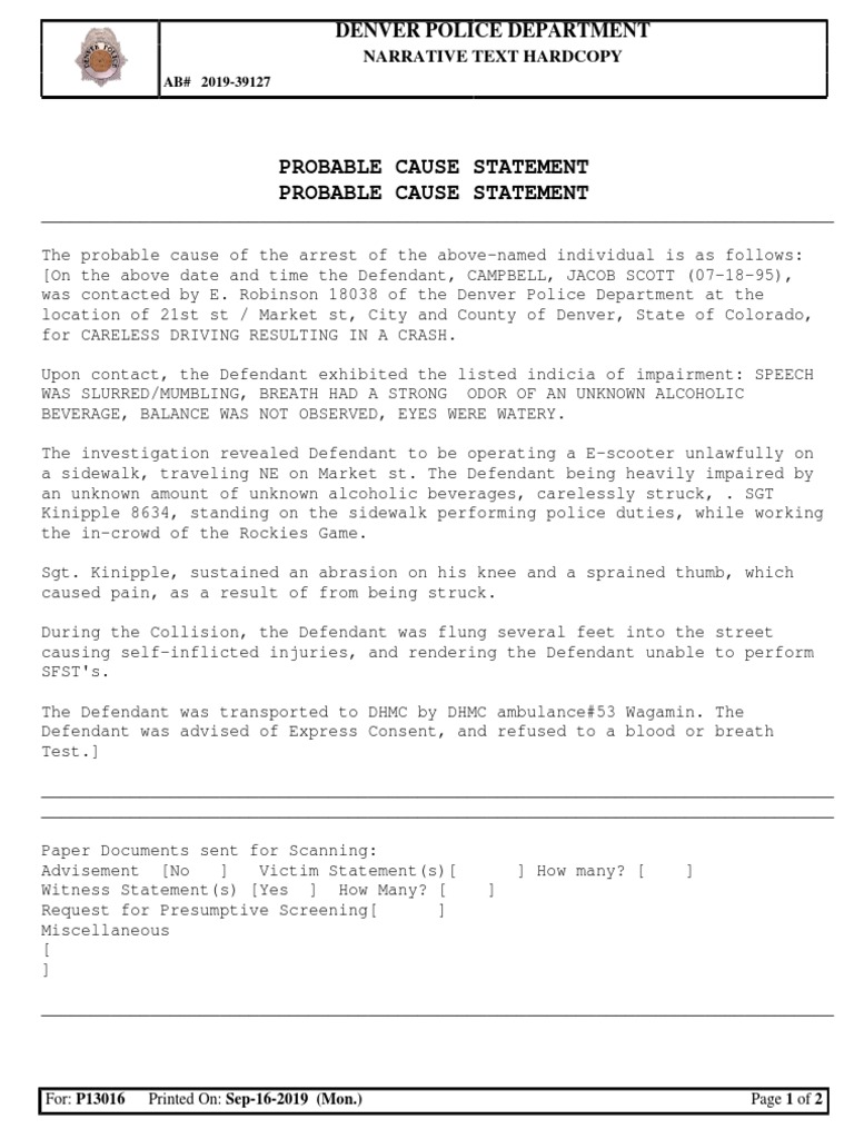 Jacob Campbell Probable Cause Statement | PDF | Driving Under The ...
