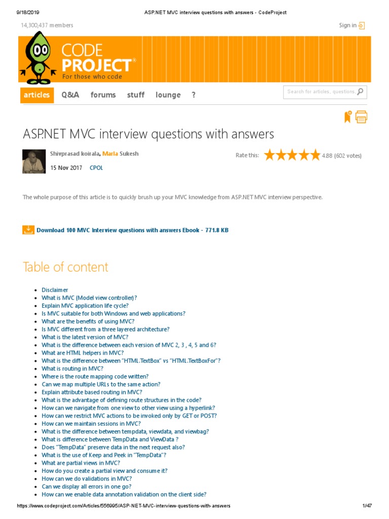 Mvc Interview Questions With Answers Codeproject Pdf Pdf Modelviewcontroller Ajax