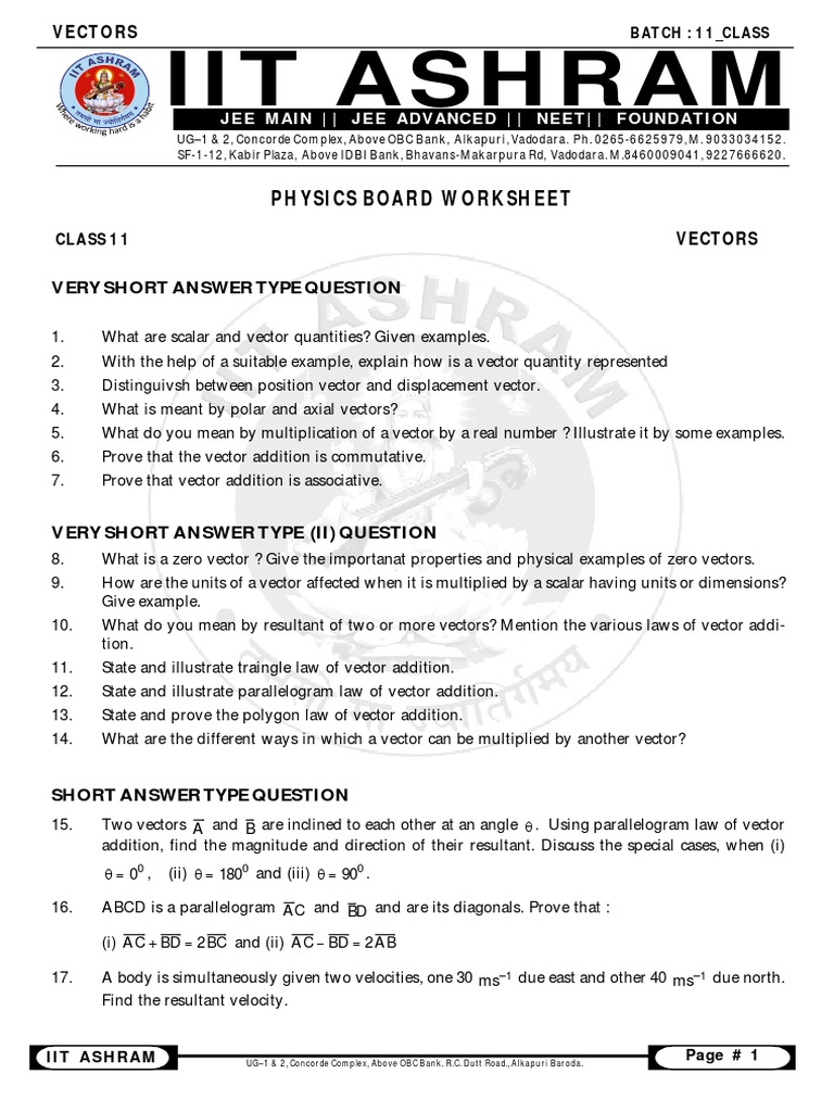 Assignment Class 11 Vector Board Assignment Pdf Pdf Euclidean