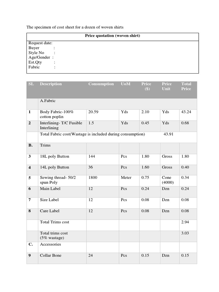 Price Quotation (Woven Shirt) : SL Description Consumption Uom Price ...