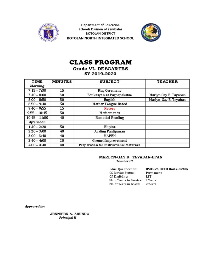 Class Program: Grade Vi-Descartes | PDF | Behavior Modification | Cognition