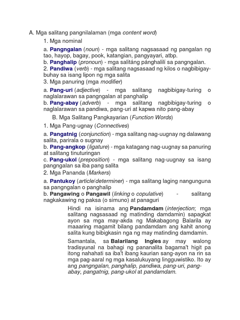 Pangngalan Panghalip Pandiwa: Abay, Pangatnig, Pang-Ukol at Pandamdam | PDF