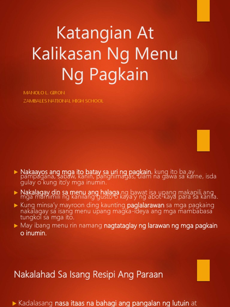 Katangian at Kalikasan NG Menu NG Pagkain: Manolo L. Giron Zambales ...