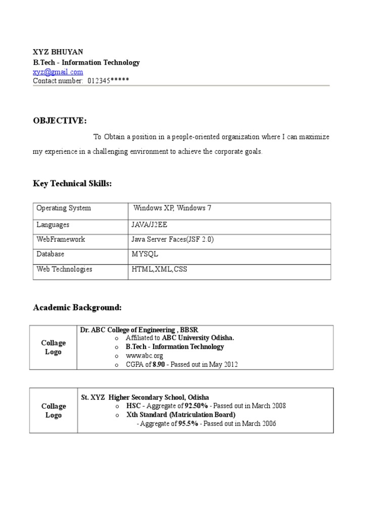 B Tech Freshers Resume Format | PDF | Databases | Software Engineering