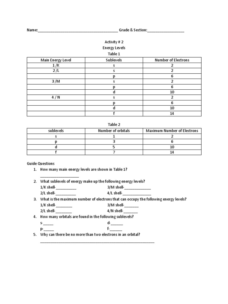 Grade 9 Science: Energy Levels Activity | PDF