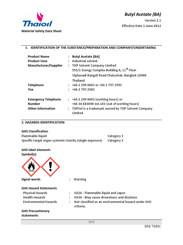 Butyl Acetate Safety Data Sheet | PDF | Toxicity | Dangerous Goods