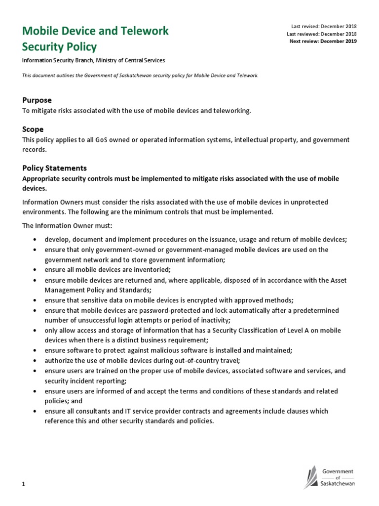Mobile Device and Telework Security Policy | PDF | Information Security ...