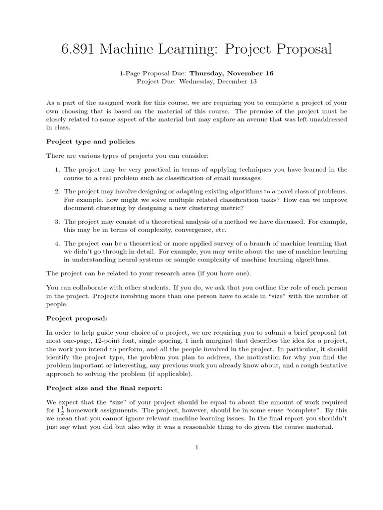 6.891 Machine Learning: Project Proposal | PDF | Cluster Analysis | Machine Learning