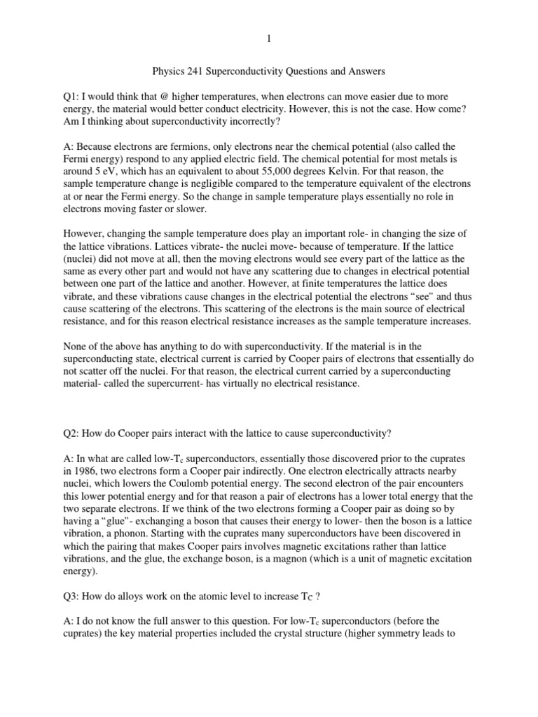 Physics 241 Superconductivity Questions and Answers | PDF | Superconductivity | Band Gap