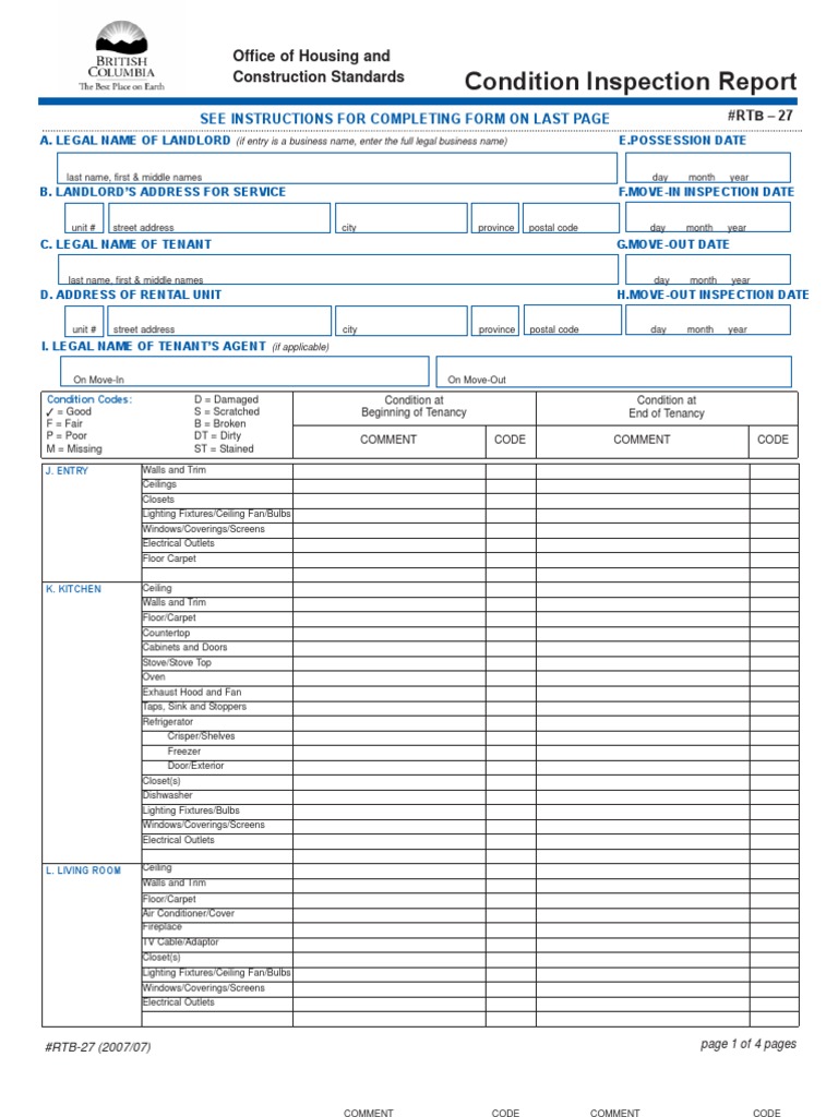 Condition Inspection Report (RTB-27) | PDF | Leasehold Estate | Landlord