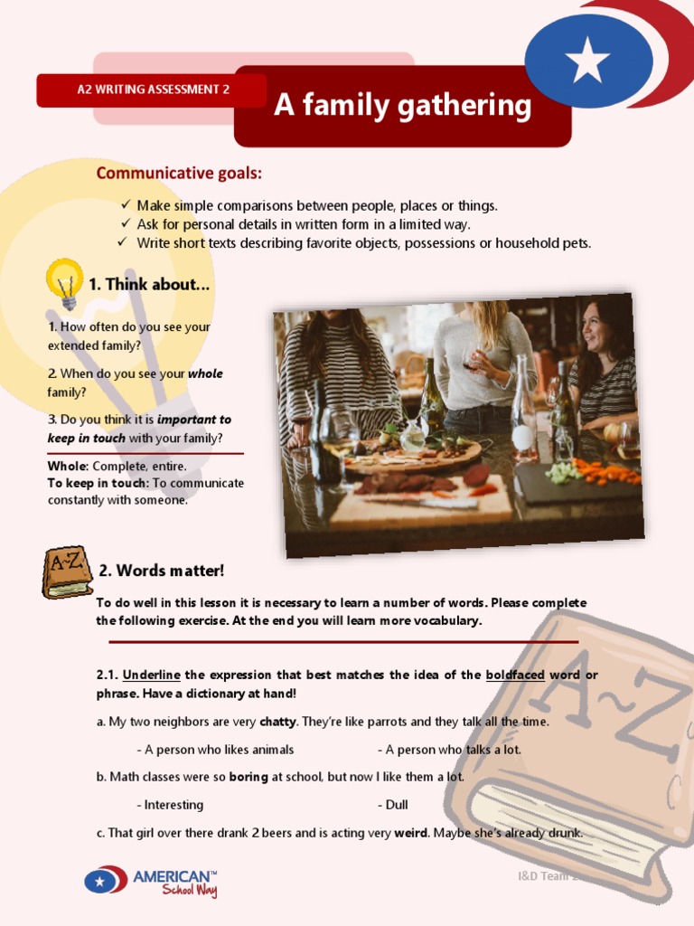 A2 Writing Assessment: A Family Gathering | PDF | Verb | Noun