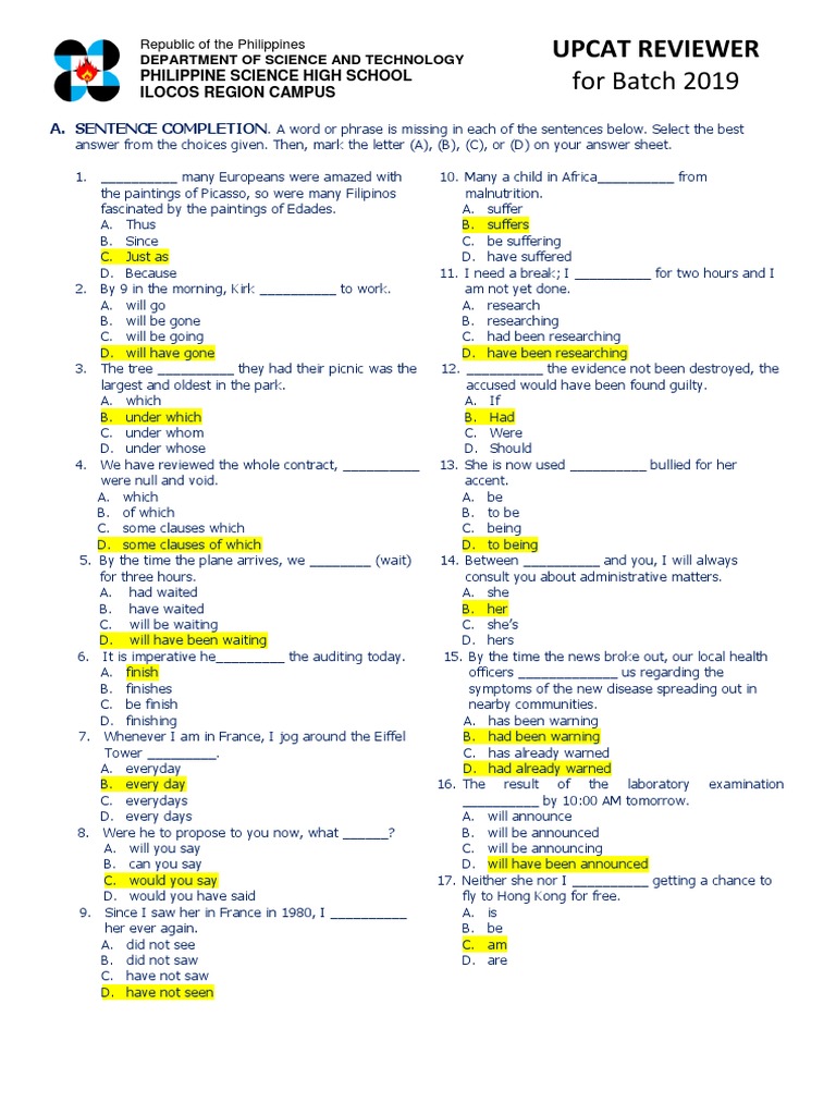 UPCAT Reviewer for 2019 Batch | PDF
