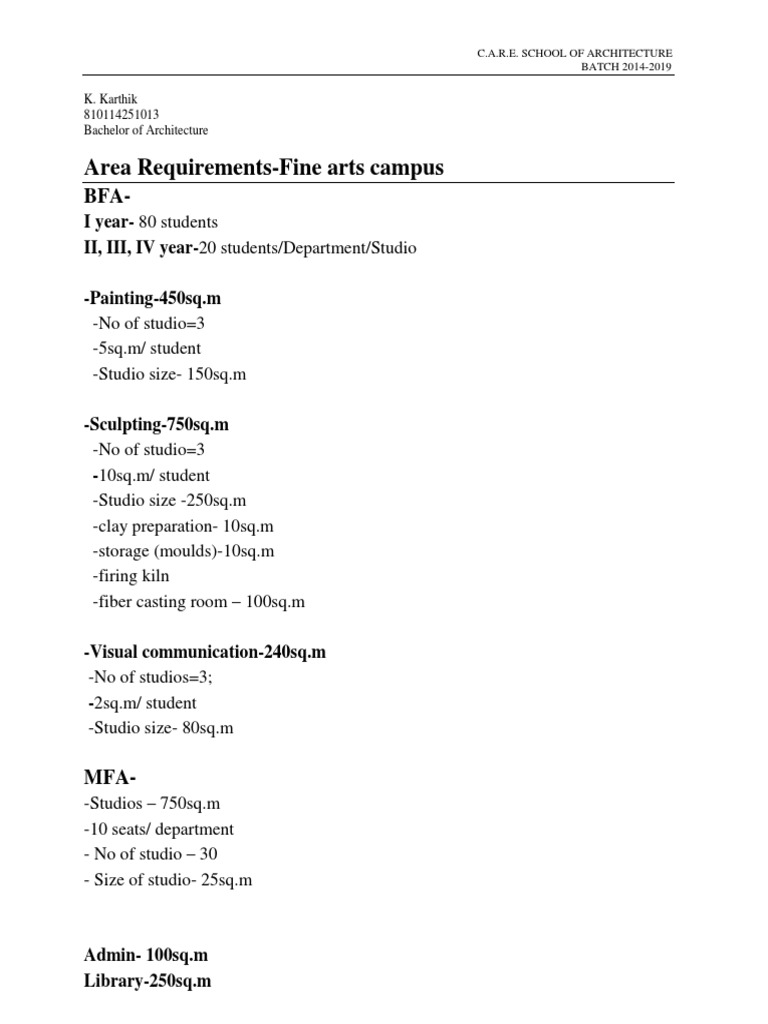 Area Requirements-Fine Arts Campus: I Year-80 Students II, III, IV Year ...