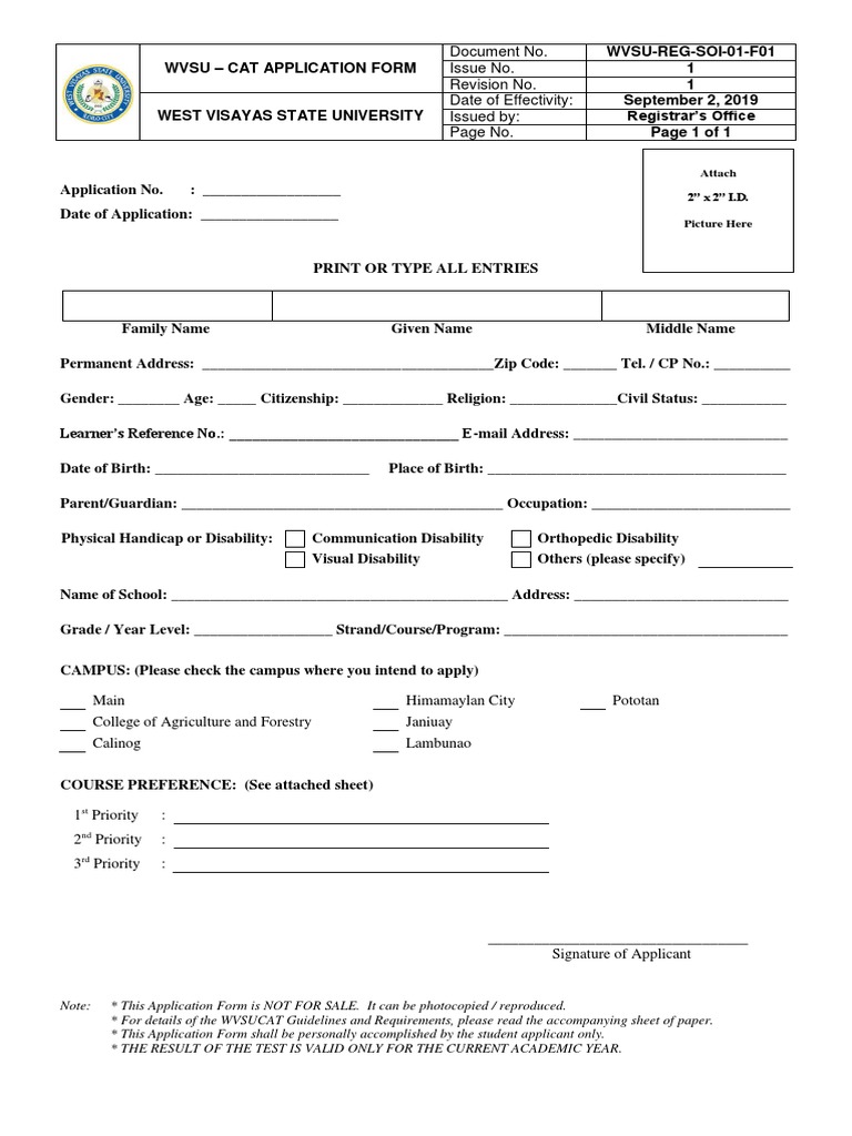 WVSU CAT Application Form AY 2020 2021 | PDF | Disability