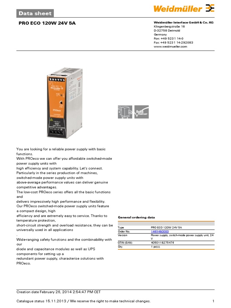 Data Sheet: Pro Eco 120W 24V 5A | PDF | Alternating Current | Power Supply