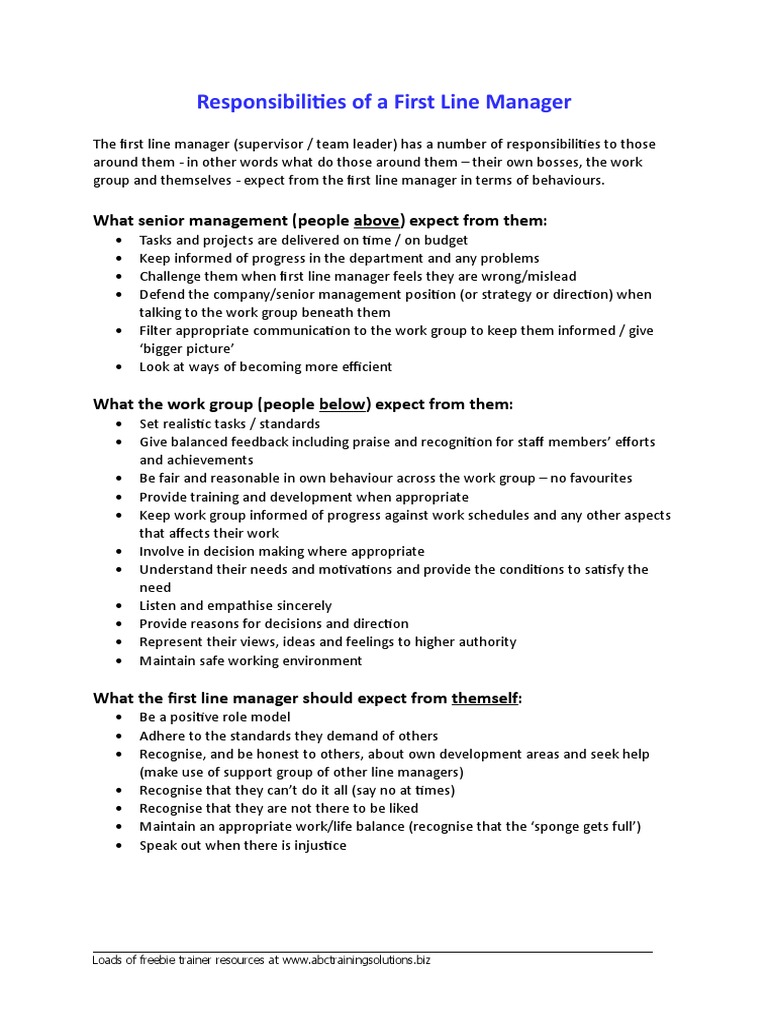Responsibilities of First Line Manager | PDF | Career & Growth | Business