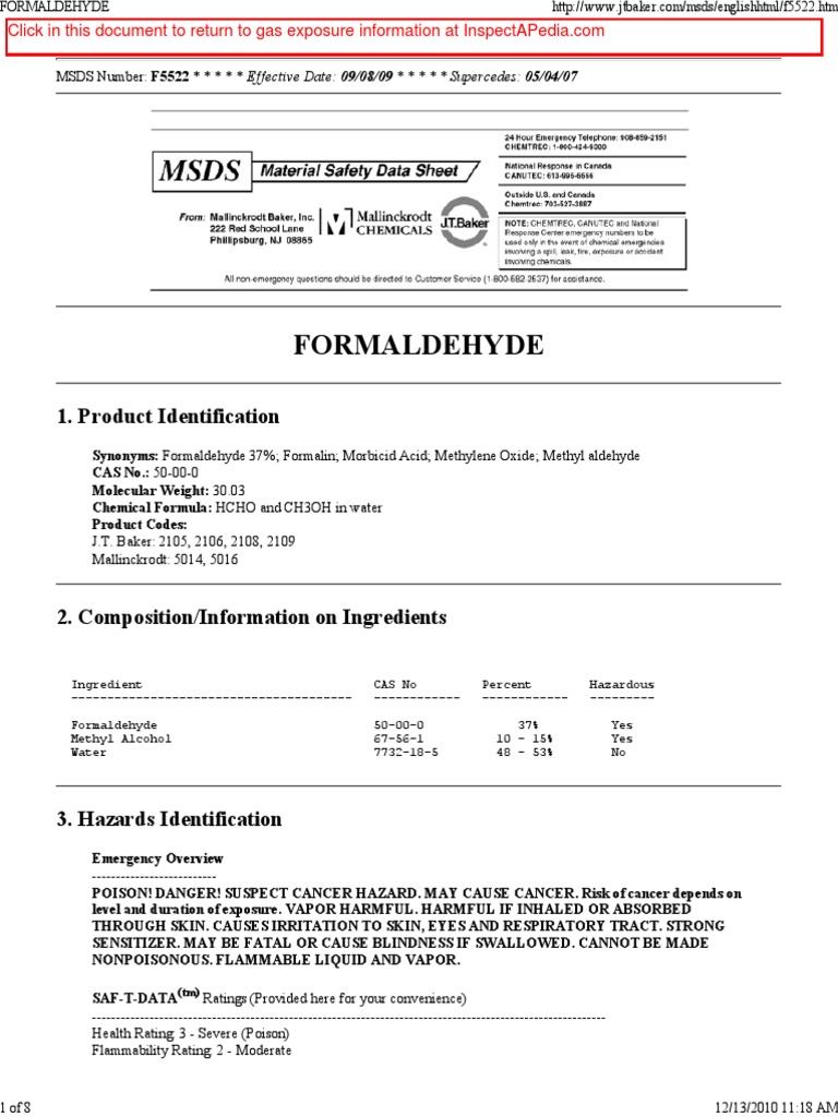 Mallinckrodt Formaldehyde MSDS | PDF | Formaldehyde | Breathing
