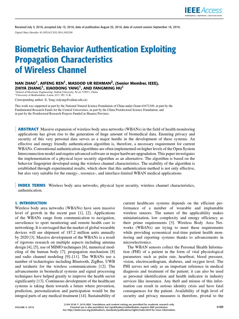 Biometric Behavior Authentication Exploiting Propagation Characteristics of Wireless Channel ...