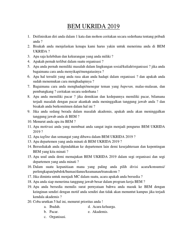 Wawancara BEM UKRIDA 2019: Pertanyaan dan Komitmen | PDF | Karier ...