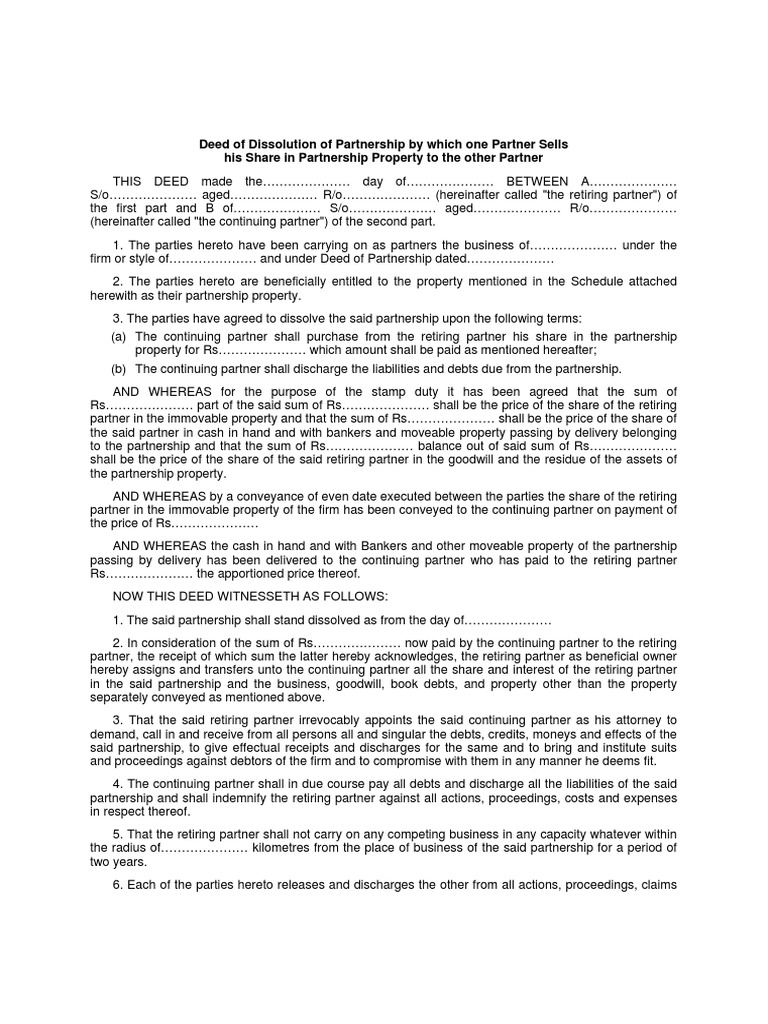 Deed of Dissolution of Partnership by Which One Partner Sells PDF ...