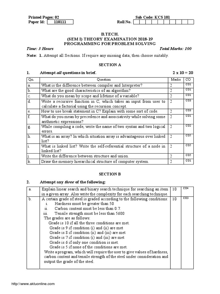Btech 1 Sem Programming For Problem Solving Kcs 101 2018 19 Pdf Pdf C Programming Language 