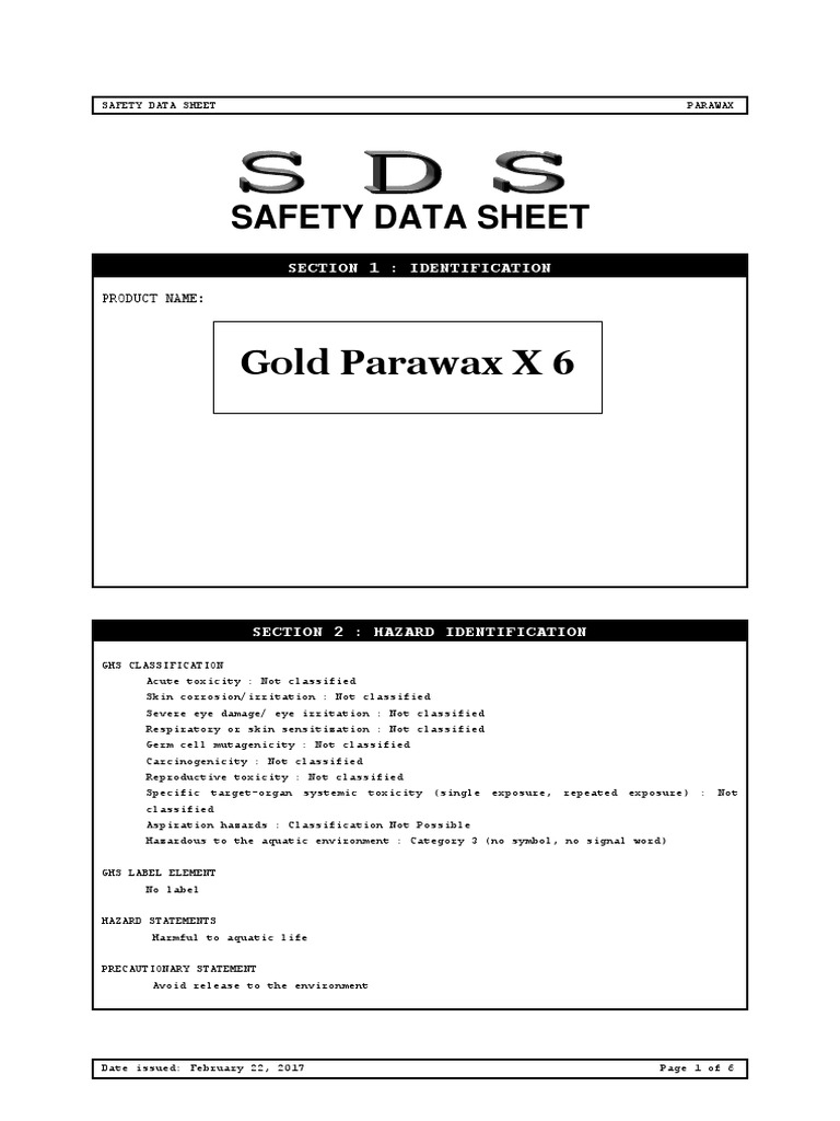 MSDS Gold Parawax X 6 | PDF | Combustion | Toxicity