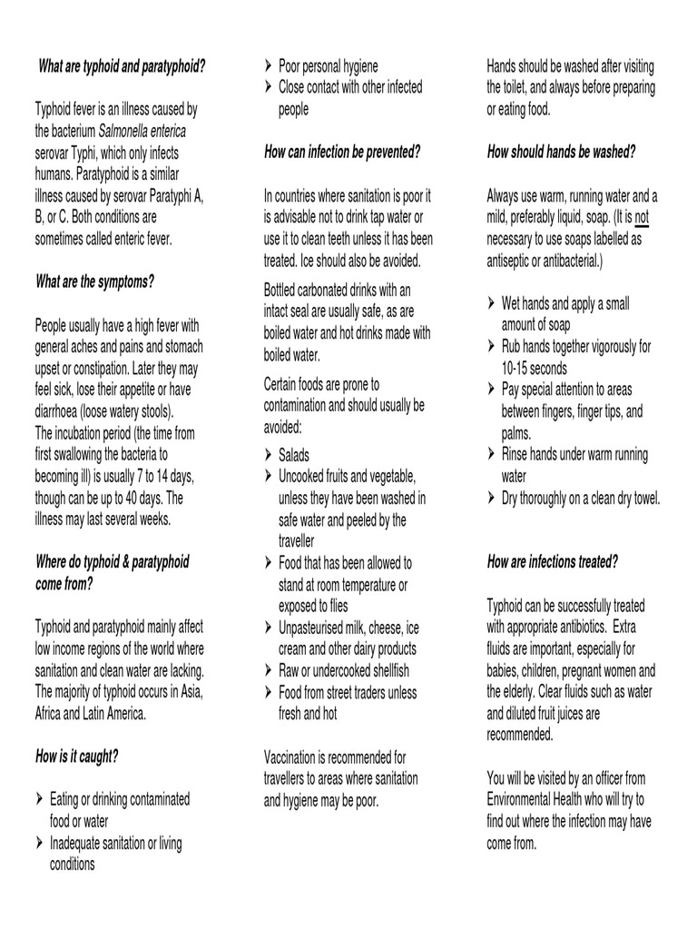 Typhoid Enteric Fever 2017 Leaflet | PDF | Public Health | Clinical ...