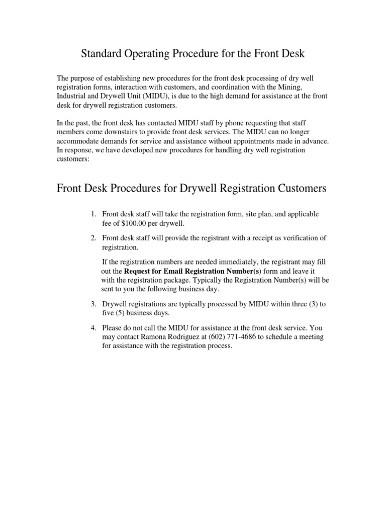 Standard Operating Procedure For The Front Desk | PDF