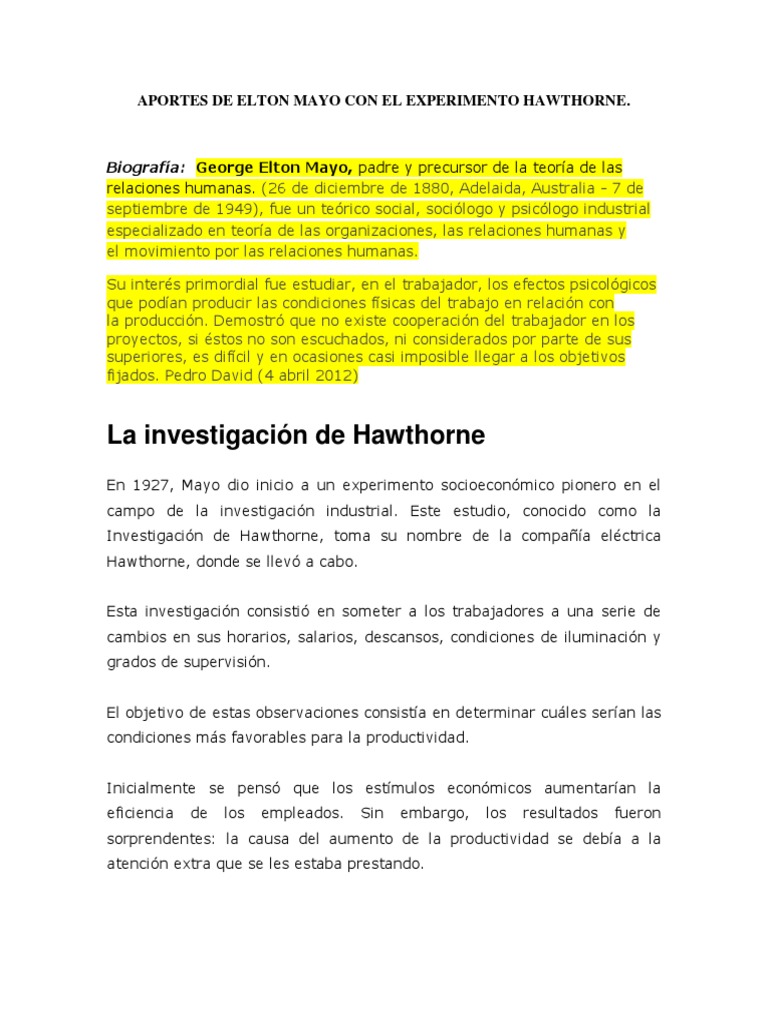 APORTES DE ELTON MAYO CON EL EXPERIMENTO HAWTHORNE.docx | Ciencias del ...