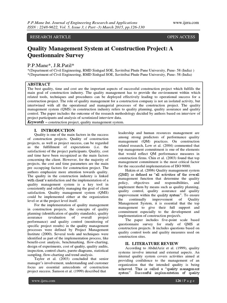 Quality Management System at Construction Project: A Questionnaire ...