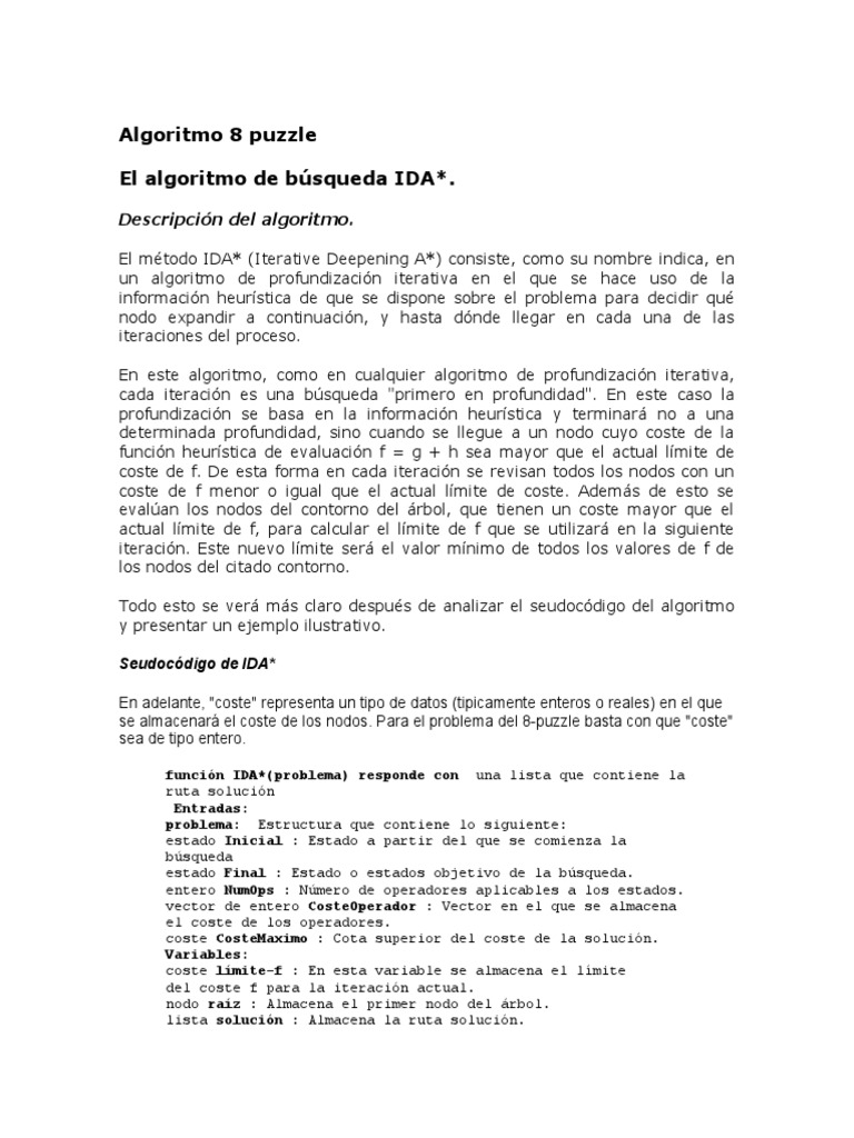 Algoritmo Ida 8puzzle | PDF | Algoritmos y Estructuras de Datos | Matemáticas Aplicadas