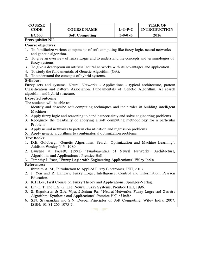 EC360 Soft Computing - Syllabus PDF | PDF | Fuzzy Logic | Artificial ... EC360 Soft Computing - Syllabus PDF | PDF | Fuzzy Logic | Artificial ...