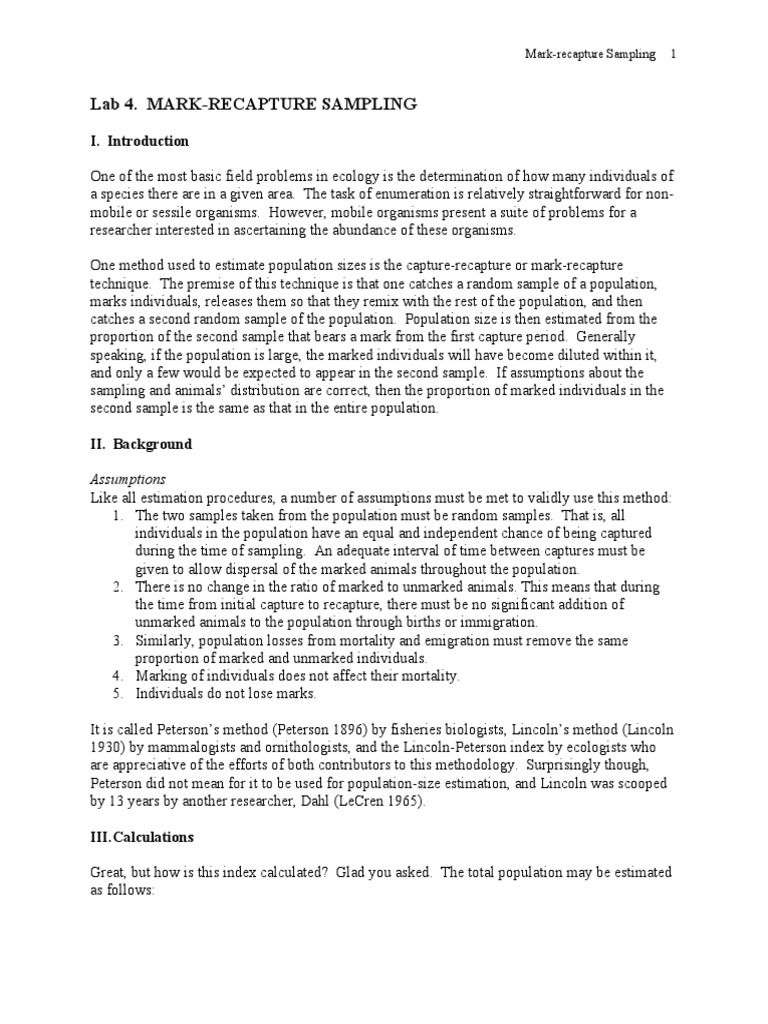 Lab 4. Mark-Recapture Sampling: Assumptions | PDF | Bias Of An ...