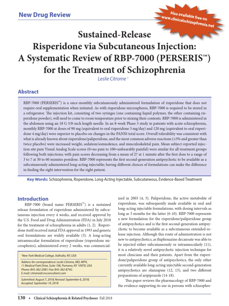 Sustained-Release Risperidone Via Subcutaneous Injection: A Systematic ...