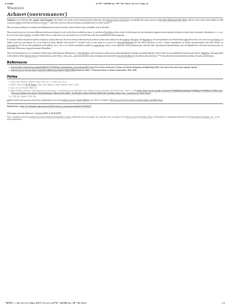 Achmet (Oneiromancer) - Wikipedia | PDF