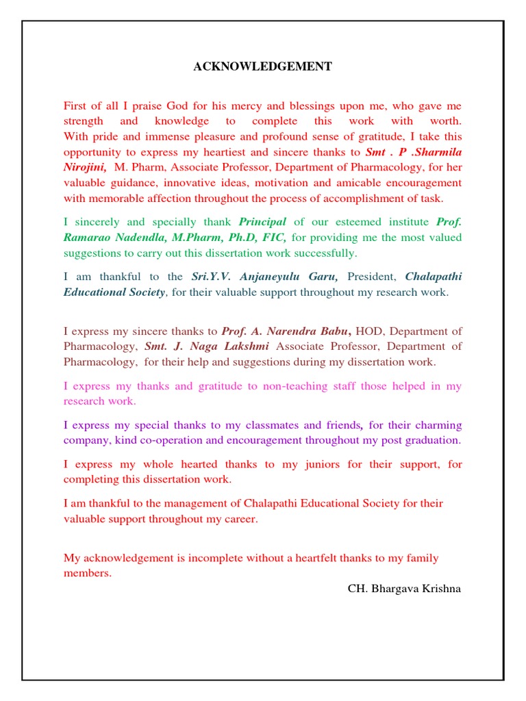 Acknowledgement: Nirojini, M. Pharm, Associate Professor, Department of ...