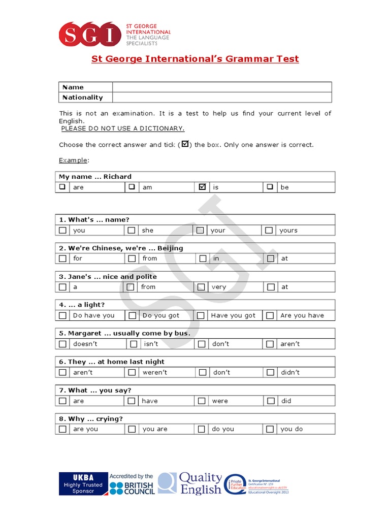 ST George International's Grammar Test: Name Nationality | PDF