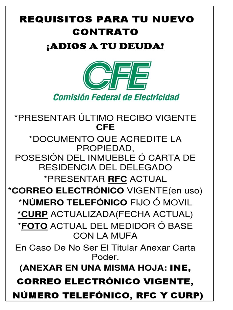 Requisitos para contrato de luz CFE | PDF | Telecomunicaciones ...