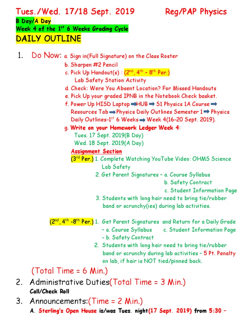 Daily Instructions-Physics-17-18 Sept. 2019 | PDF | Syllabus | Homework
