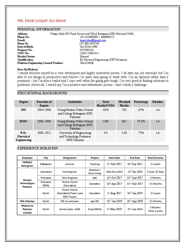 Mr. Engr Liaqat Ali Khan: Personal Information | PDF | Rectifier | Engineering