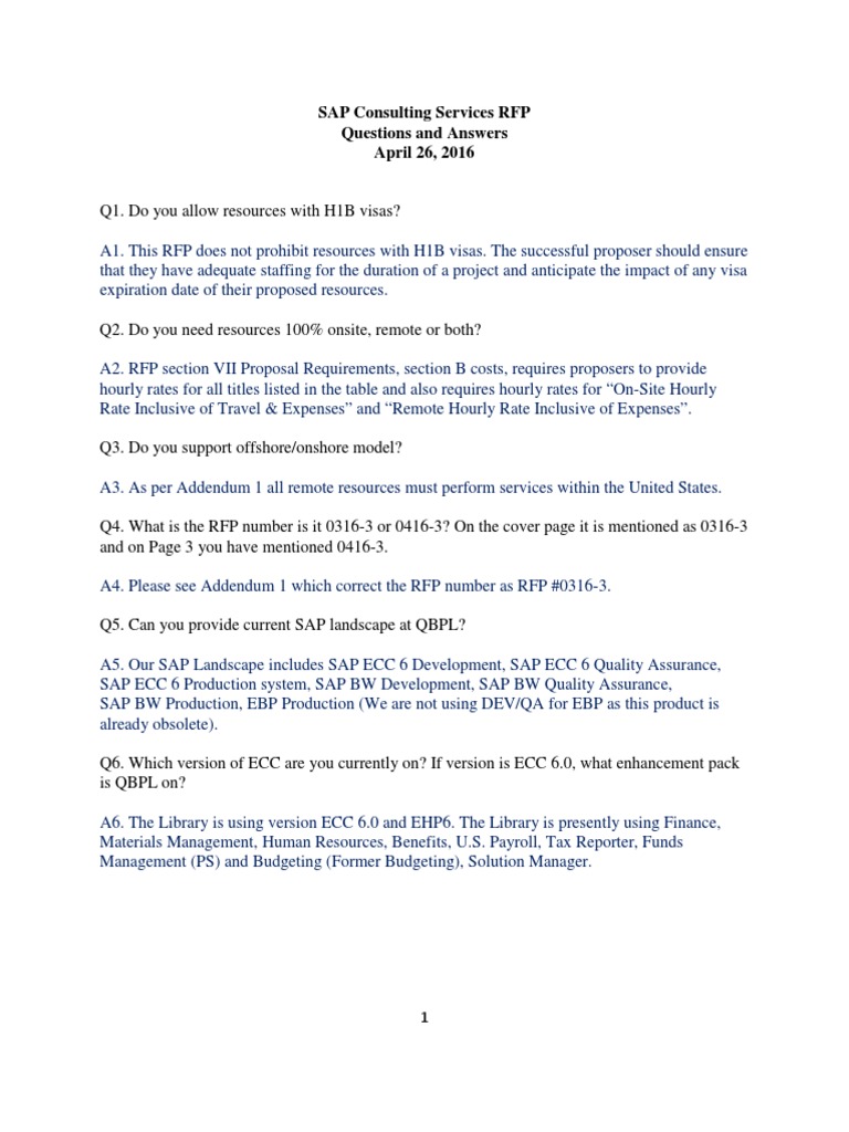 SAP Consulting Services RFP Questions and Answers 4.26.16 | PDF | Sap ...