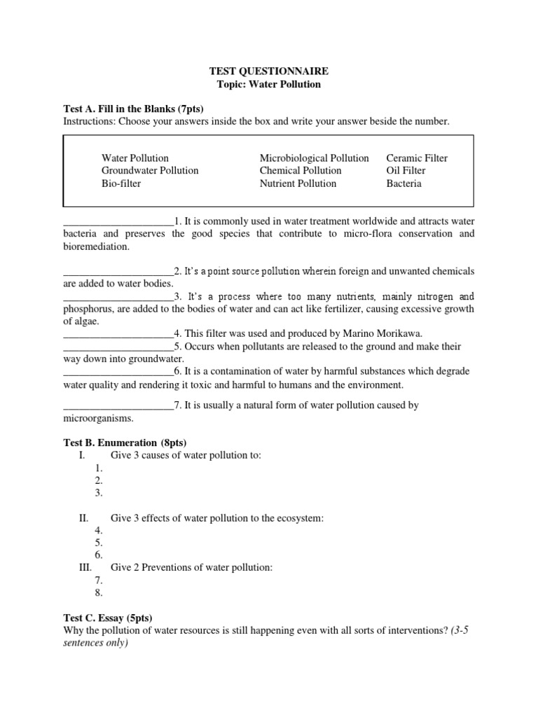 Water Pollution Test Questionnaire | PDF