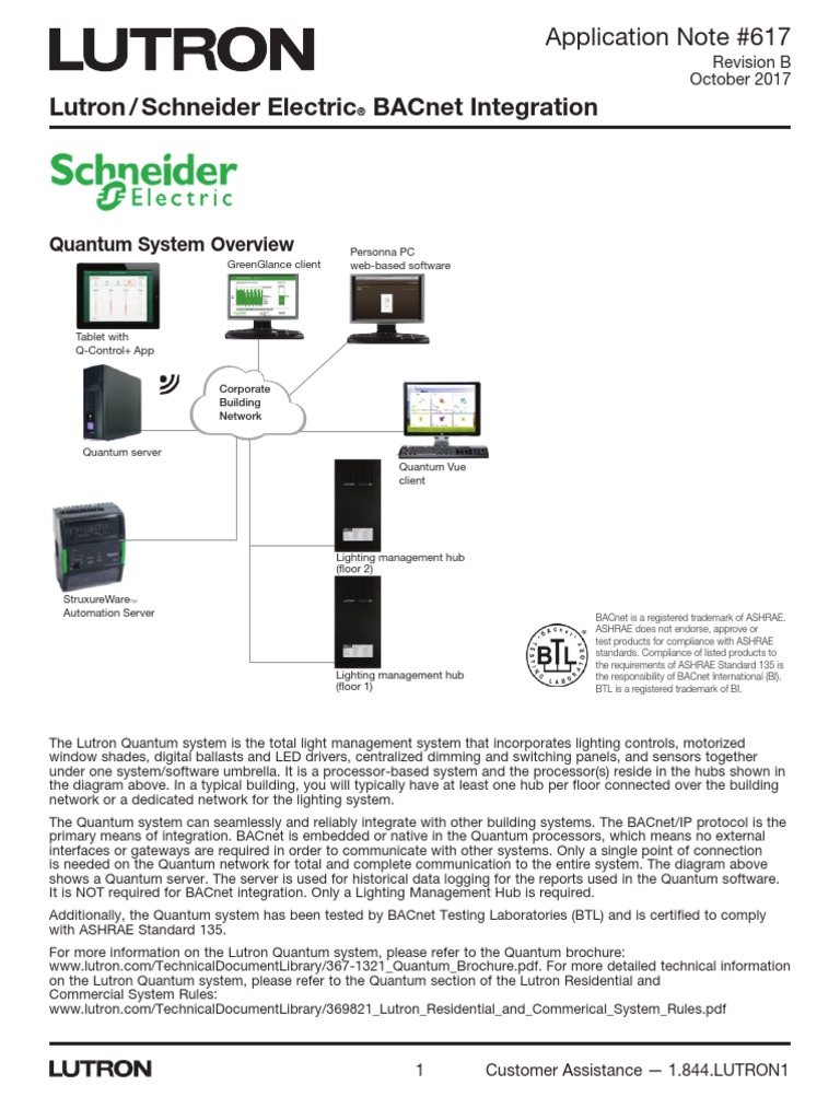 Lutron / Schneider Electricr Bacnet Integration: Quantum System ...