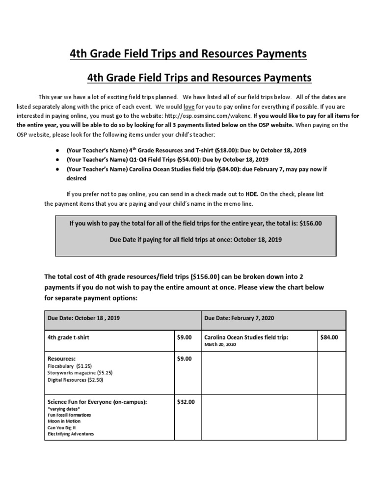 2019-2020 Field Trip Payment Form | PDF | Business
