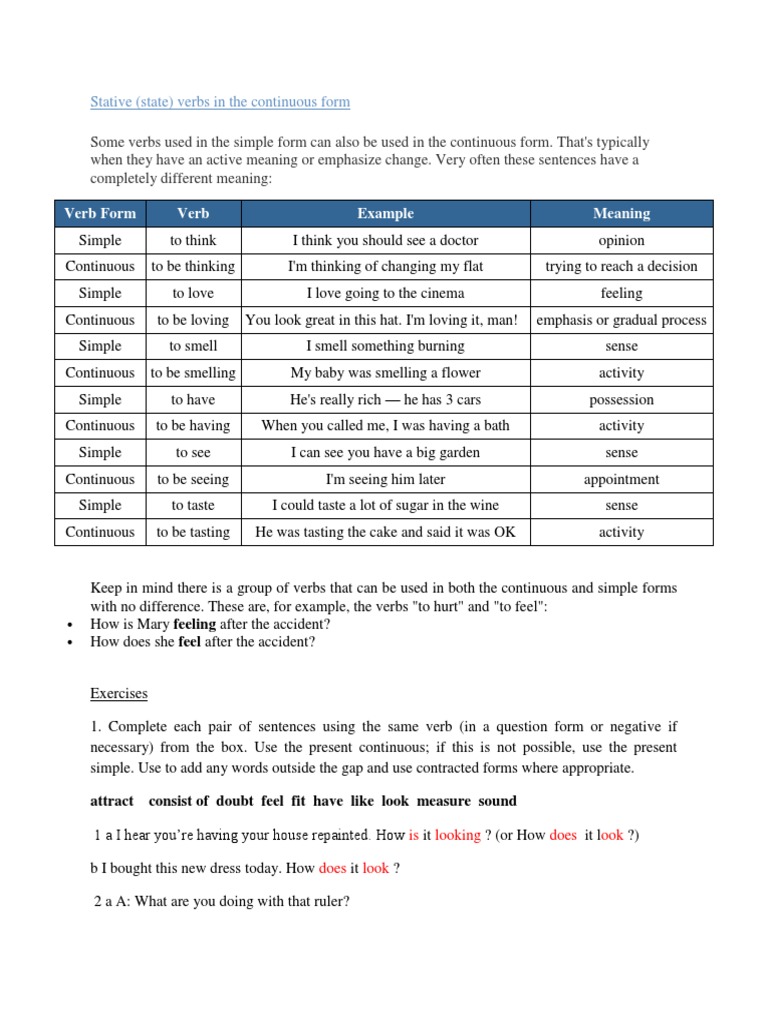 Stative Verbs in Continuous Form | PDF | Language Arts & Discipline ...