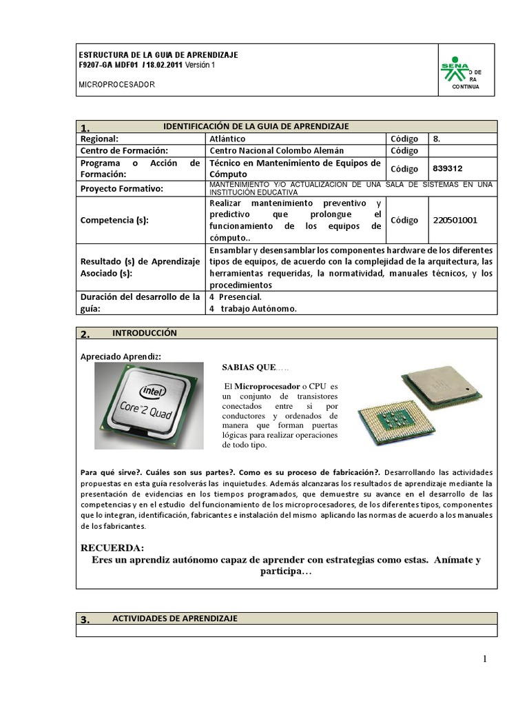 Guia Aprendizaje Microprocesador JDBI | PDF | Microprocesador | Hardware de la computadora