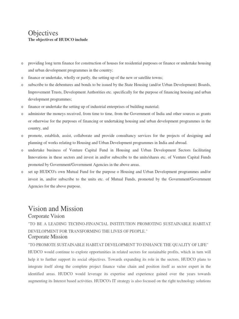 HUDCO Objectives: Sustainable Habitat Development | PDF ...